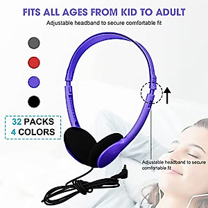 Konohan 32 Pack Headphones Student Headphone Adjustable on Ear Headphone Library Headphone Wire Classroom Headphone with 3.5 mm Headphone Plug for Boys Girls Adults School (Red, Purple, Gray, Black)