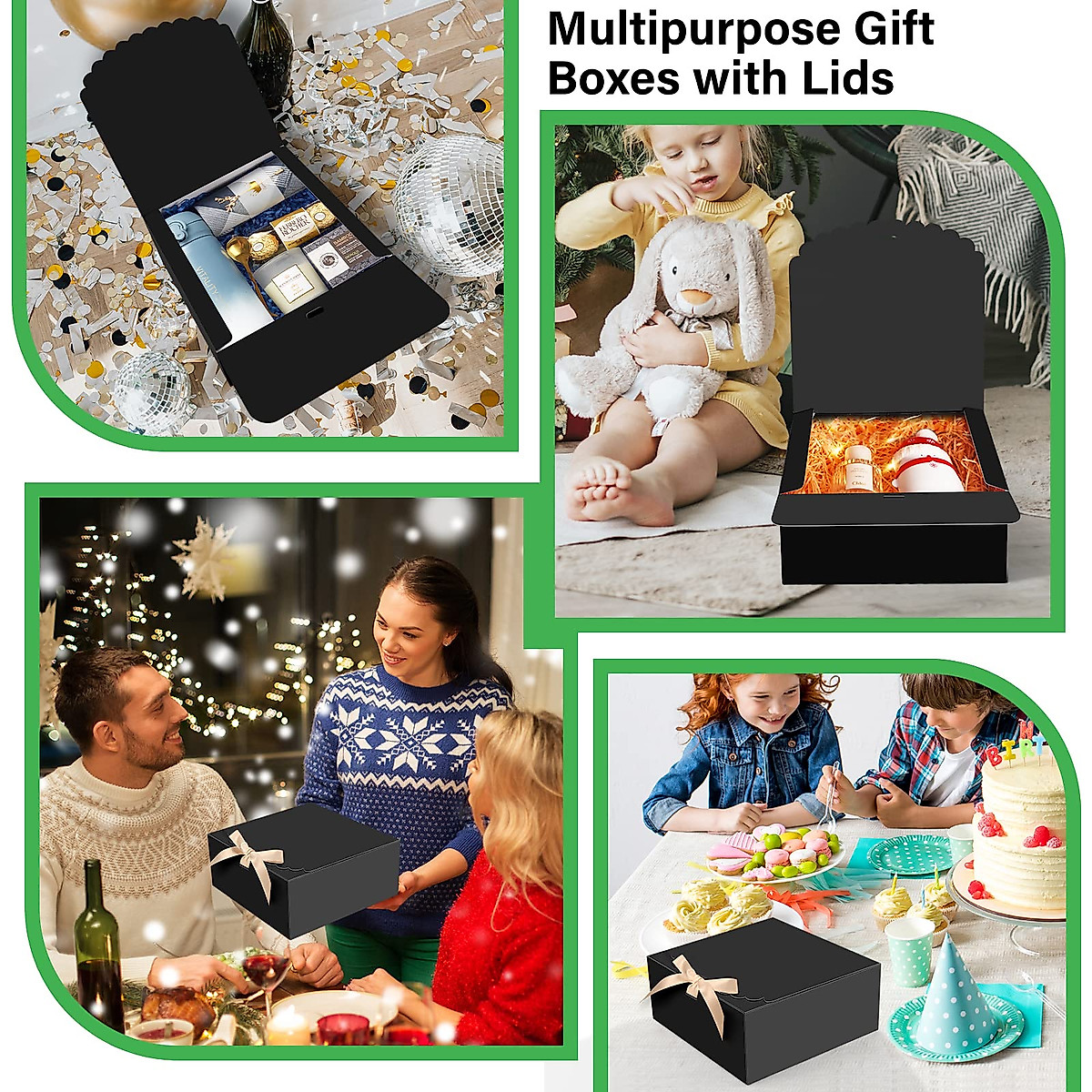 ZSPENG 16 PCs Gift Boxes with Lids,9x9x4 inches Black Gift Boxes with Ribbons, Bridesmaid Proposal Box,Kraft Paper Gift Box for Wedding, Packaging, Present, Birthday, Cupcake Boxes, Crafting.