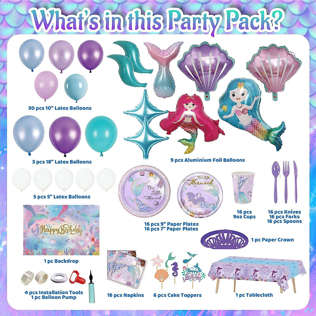 Party Spot! Mermaid Birthday Decorations, Mermaid Party Decorations Supplies Kit, 16 Tableware Sets, Balloon Arch, Balloons, Mermaid Disposable Paper Plates, Backdrop, Cake Topper, All in one Set
