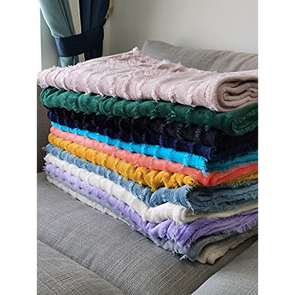 Cazlon Eyelash Textured Boho Style Decorative Throw Blanket,100% Oeko-Tex Certified Flannel Blanket, Lightweight Cozy Throw for Bed Sofa Couch (50"x60", Coral Orange)