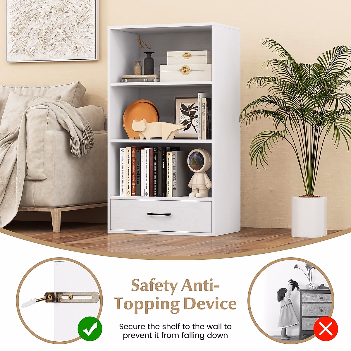 IFANNY 3 Shelf Bookcase with Drawer, Wood Bookshelves and Bookcases, Cube Bookcase Shelf, Small Bookshelf with Storage for Small Spaces, White Book Shelf for Bedroom, Living Room, Home Office