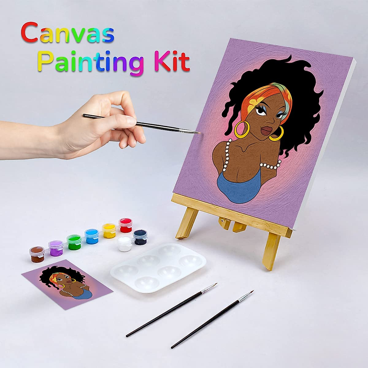 VOCHIC Canvas Painting Kit Pre Drawn Canvas for Painting for Adults Party Kits Paint and Sip Party Supplies 8x10 Canvas to Paint Afro Queen 8 Acrylic Colors,3 Brush,1 Pallet Paint Art Set