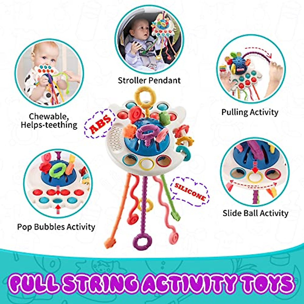 4 in 1 Baby Toys 6to12-18 Months, Pull String Baby Teething Toys, Stacking Building Blocks Infant Toys 3-6-9-12 M+, Color Shape Bin Sensory Toys, Montessori Toys for 1-3 Year Old Boy and Girl Gift
