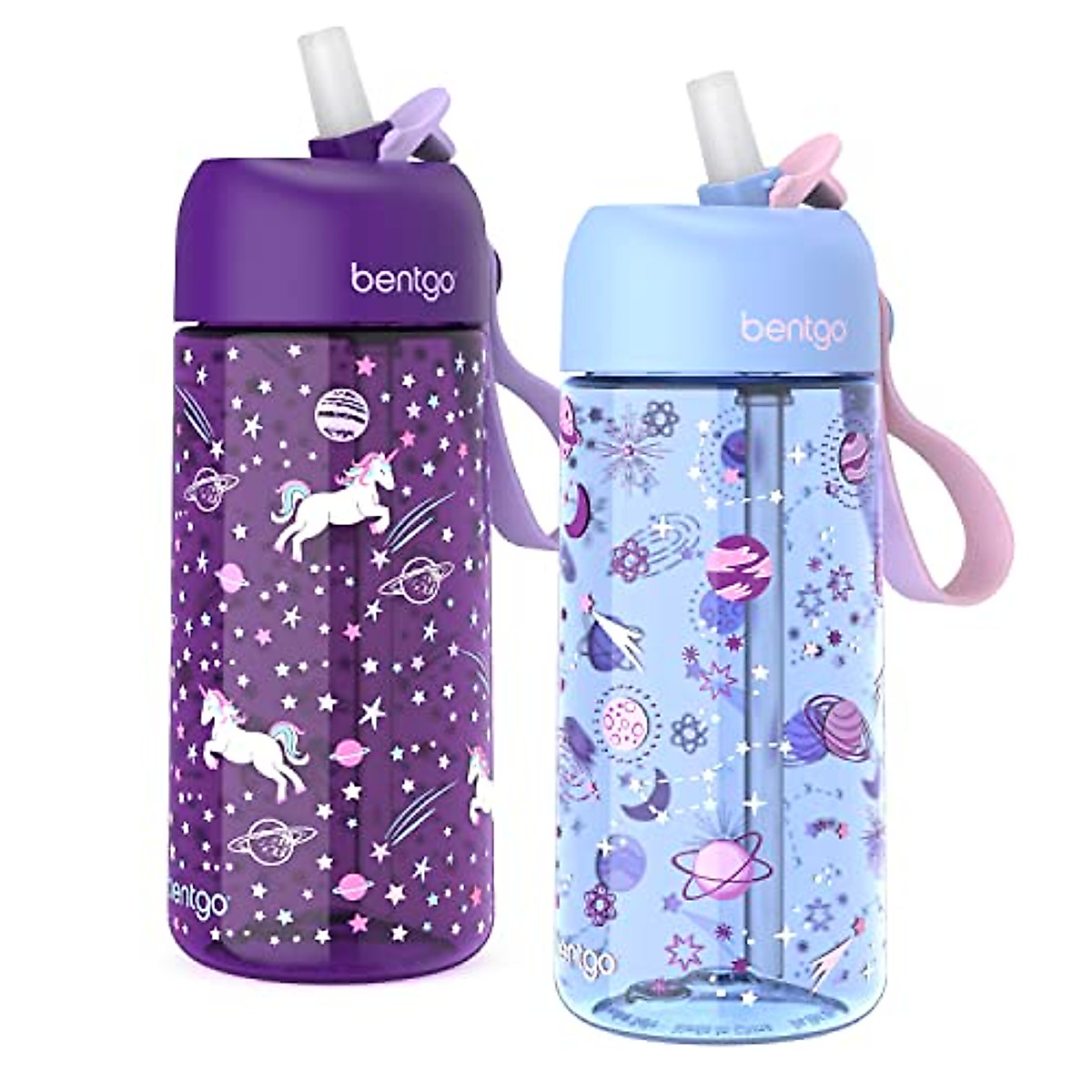Bentgo® Kids Water Bottle 2-Pack - New & Improved 2023 Set With 2-Pack of Water Bottle Replacement Straws (Unicorn/Lavender Galaxy)
