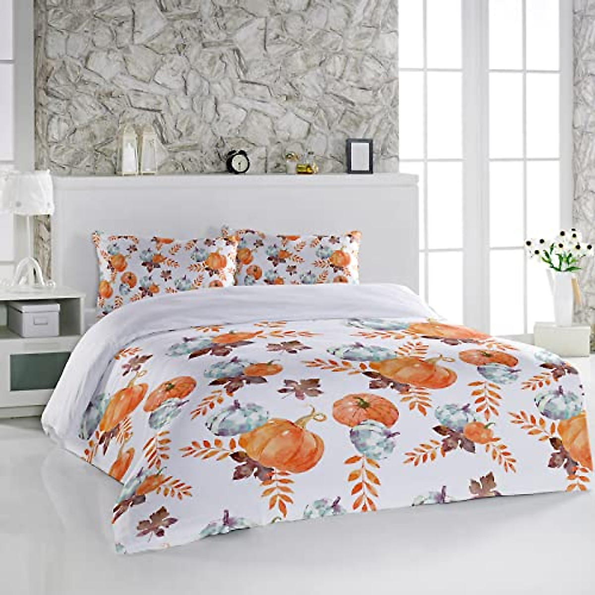 3 Pieces Duvet Cover Bedding Set Cal King Fall Watercolor Pumpkin Burnt Orange Maple Leaf Breathable Ultra Soft Comforter Cover with Zipper and Pillowcases Quilt Covers Thanksgiving Farm Harvest