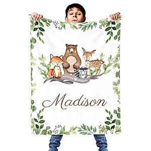 Yeshop, Woodland Forest Animals Personalized Receiving Baby Blankets for Girls Boys with Name,Customized Swaddle Blankets Gift for Newborn Crib Infants 30x40 Inches
