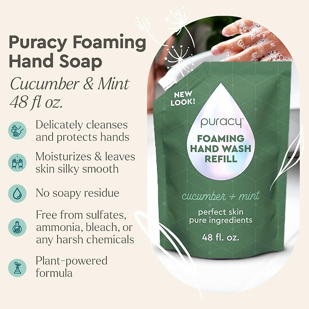 Puracy Foaming Hand Soap Refill - Plant-Powered Natural Hand Soap As Seen on TikTok, Non-Toxic, Sulfate-Free Liquid Soap, Moisturizing Foam Handwash Liquid (Cucumber & Mint, 48 fl oz)
