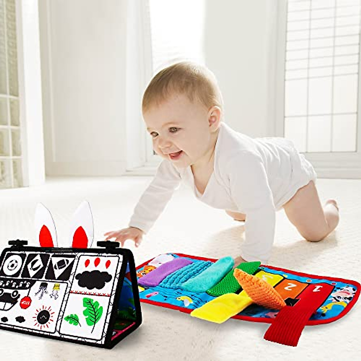 Inbeby Tummy Time Mirror Toy & Baby Mirror Toys, Black and White High Contrast Baby Newborn Toys 0 3 6 Months Brain Development, Sensory Texture Piano Infant Toys 0 3 6 Months with Squeaker