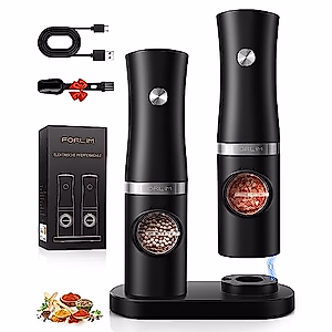 FORLIM Rechargeable Salt and Pepper Grinder Set with USB Base, Automatic Electric Pepper Mill, Adjustable Coarseness, with White LED Light, High Speed Grinding, One Hand Operation, 2 Mills