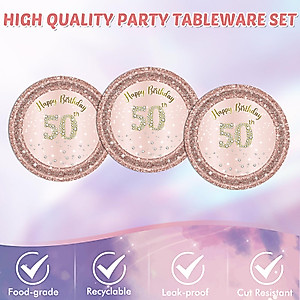 50th Birthday Decorations for Women Rose Gold Birthday Supplies 50th Birthday Tableware Set Include 50th Rose Gold birthday plates and napkins Tablecloth Fifty Birthday Party Decorations Favors for Women