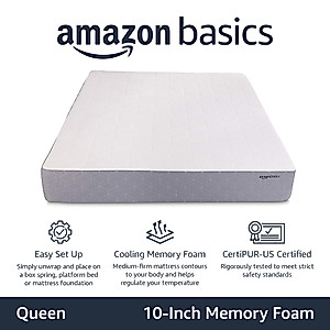 Amazon Basics Cooling Gel-Infused, Medium-Firm Memory Foam Mattress, CertiPUR-US Certified - Queen Size, 10 Inch (White/Gray)