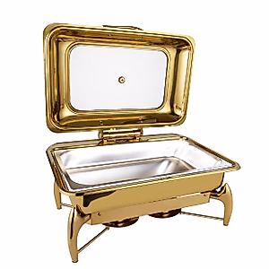 HONHPD 10L Stainless Steel Thickened Buffet Stove, Commercial Hotel Restaurant Breakfast Heating Furnace, Hydraulic Transparent Cover Buffet Stove, Chafing Dish Buffet Set, Gold（Full Size）