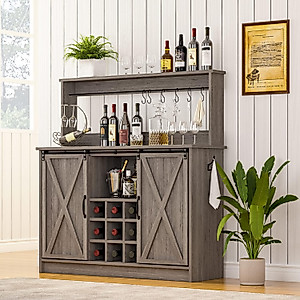 4ever2buy Farmhouse Coffee Bar Cabinet with Sliding Barn Doors, 50 Inch Coffee Bar Hutch with 6 Hooks, Gray Coffee Bar with 9 Mug Rack, Hutch Cabinet with Storage for Living Room