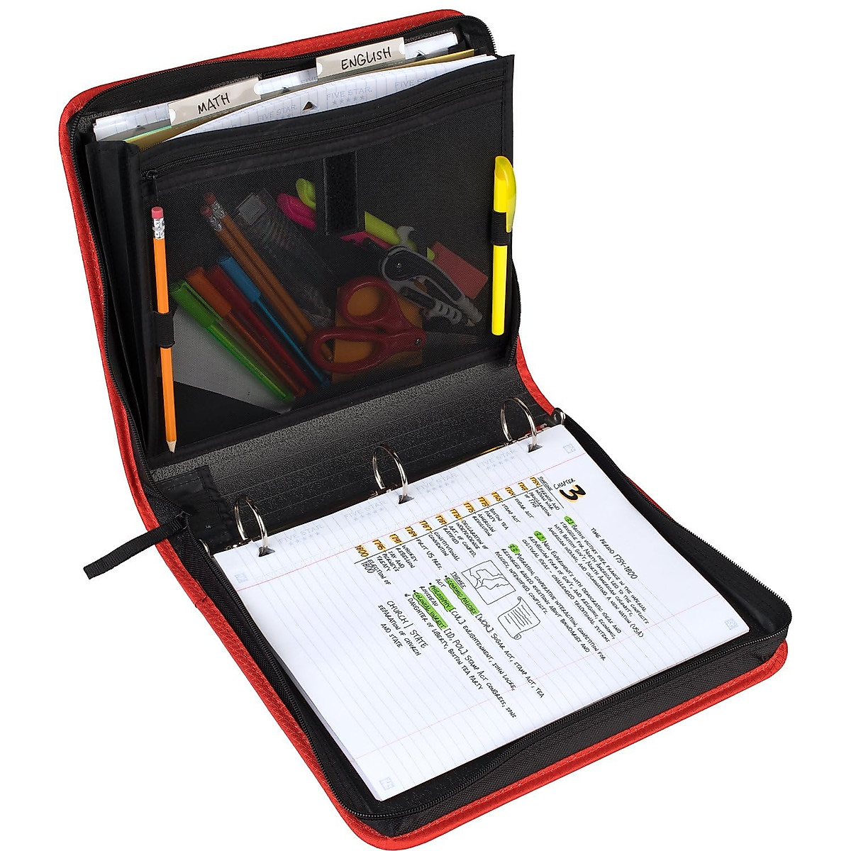 Five Star Zipper Binder, 1-1/2 Inch 3-Ring Binder for School, 3 Pocket Expanding File, 500 Sheet Capacity, Red (72206)
