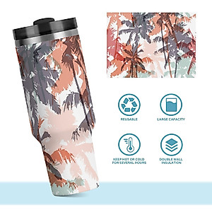 Yasala Car Tumbler with Handle Palm Tree Watercolor Travel Mug Coffee Cup Insulated Beverage Container Mega Cup for Hot Cold Drinking Thermos Water Bottle Cupholder Friendly 40 oz