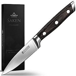 Saken Paring Knife 3.5 Inch Kitchen Utility Knife High Carbon Steel with Wooden Handle in Dark Wood Finish - Multipurpose Kitchen Knife for Mincing, Slicing, Chopping, and General Cutting Work