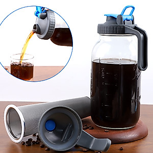 Mason Jar Cold Brew Coffee Maker 64 OZ Wide Mouth Cold Brew Pitcher With Pour Spout Handle Lid And Brew Filter For Iced Coffee, Iced Tea, Lemonade And Beverages