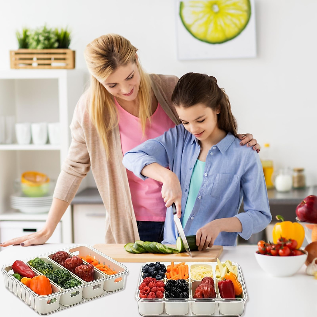 Salad Bar Containers for Fridge, 4 Compartment Divided Serving Tray with Lid & Handle for Fridge Fruit Charcuterie Storage, Veggie Tray Drainer Container Berry Snackle Box Container, BPA-Free