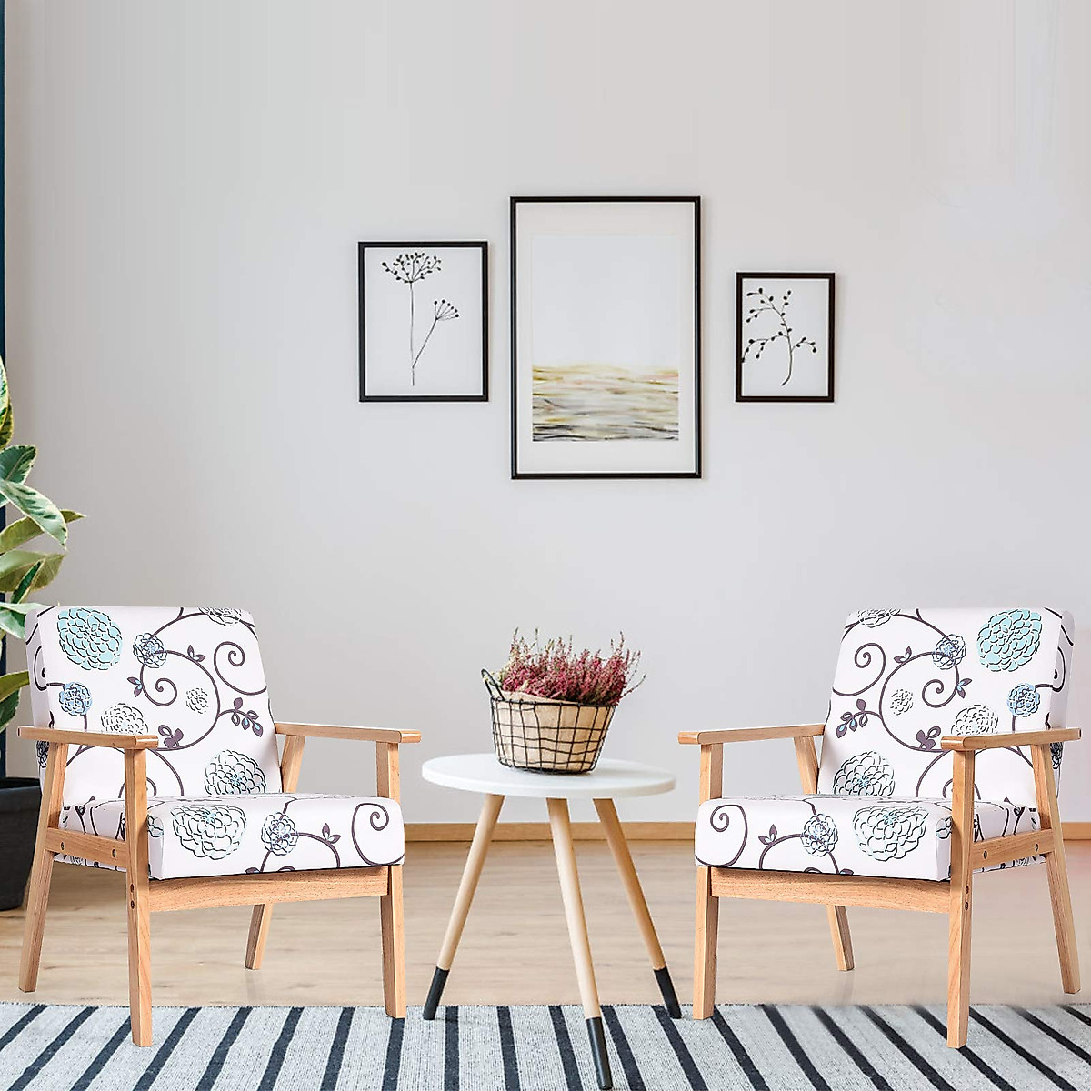 POWERSTONE Modern Accent Chair - Set of 2 Fabric Accent Arm Chair Upholstered Single Sofa with Wooden Legs for Living Room, Dinning Room, Club and Office, White