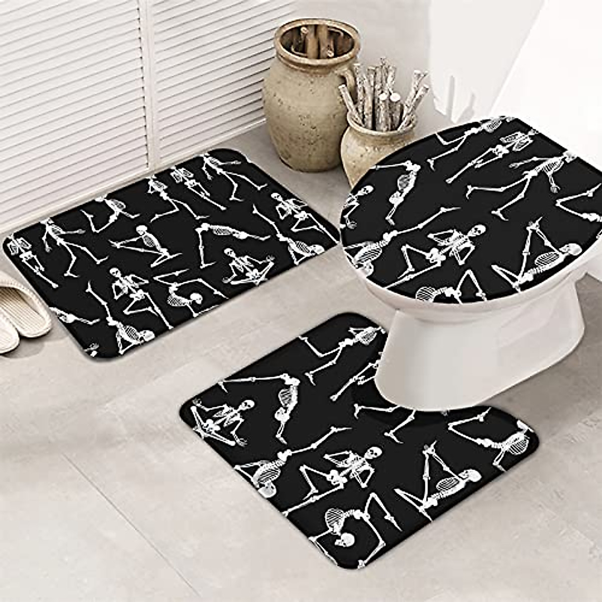 Teather Halloween Skull Bath Rugs Sets 3 Piece Funny Skeleton Yoga Bathroom Mats Set Non Slip Water Absorbent U-Shaped Contour Toilet Mat Black White Toilet Lid Cover, Halloween Black Bath Mat