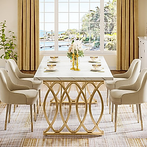 Tribesigns Modern Dining Table for 4-6 People, 63" Large Rectangular Kitchen Table with Faux Marble Tabletop and Gold Geometric Legs, Unique Dinner Table Kitchen & Dining Room Furniture, White & Gold