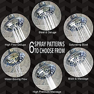 6 Function Adjustable Luxury Shower Head - High Pressure Boosting, Wall Mount, Bathroom Showerhead For Low Flow Showers, 2.5 GPM - Chrome