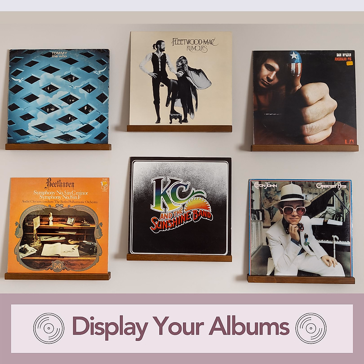 Vinyl Wall Mount Pack of 6 Pinewood Vinyl Record Holder Wall Mount with 2 Mounting Options Vinyl Shelf Walnut Stain Finish Vinyl Record Display - Vinyl Record Shelf - Vinyl Record Wall Mount