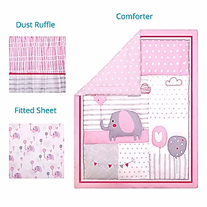 La Premura Baby Elephant Nursery Crib Bedding Set for Girls – Pink Elephant & Love Balloons 3-Piece Standard Size Crib Set, Pink & Gray
