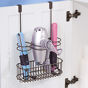 mDesign Steel Over Cabinet Door Hair Care, Hot Styling Tool Organizer Storage Basket for Hair Dryer, Flat Irons, Curling Wands, Straighteners, Space Saving, 3 Sections, Concerto Collection, Bronze