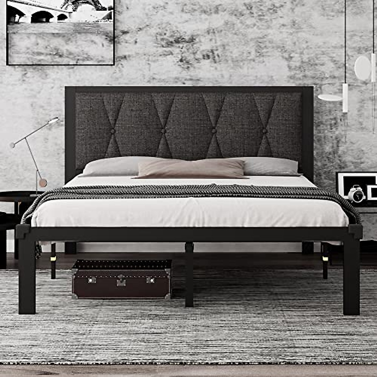 iPormis Full Metal Platform Bed Frame with Upholstered Headboard, Upgraded Heavy Duty Bed Frame with Steel Slats Support/12 Under Bed Storage, Noise Free, No Box Spring Needed, Dark Gray