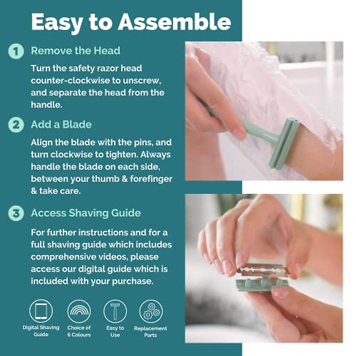 Jungle Culture Safety Razor with 10 Double Edge Blades • One Blade Metal Razors for Women & Men for Body & Face • Eco Friendly & Reusable Shaver • Teal