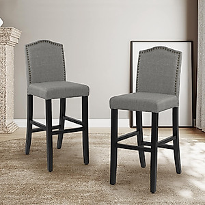 LSSBOUGHT Bar Stools Set of 2, 29 Inch Upholstered Fabric Barstool with Back Solid Wood Legs Nail Head, Bar Chairs for Home Kitchen Island Dinning Room, Grey