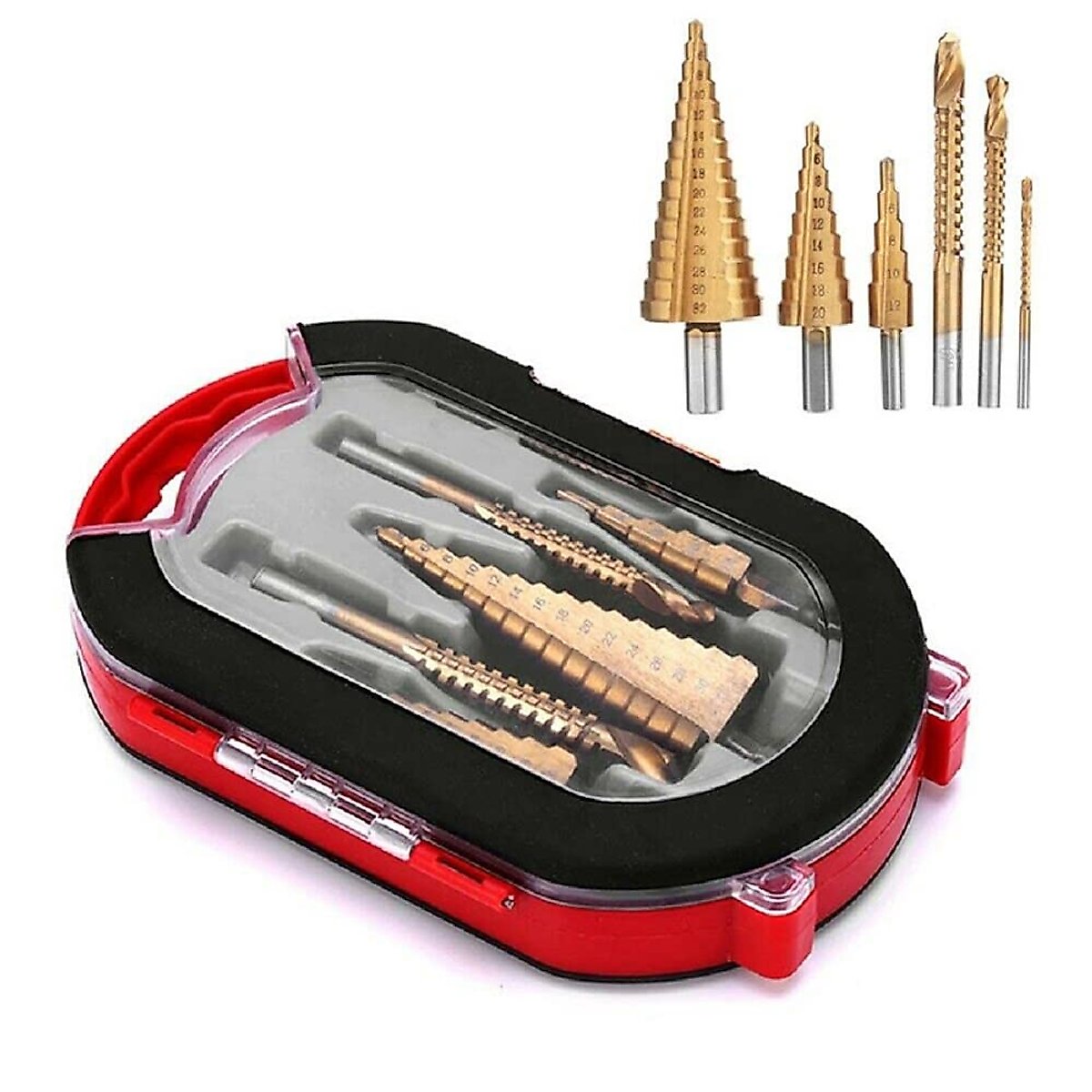 MLYZ 6PCS High-Speed Reaming Pagoda Sawtooth Set,Titanium Plating Drill Bit Set with Box,Multiple Hole Stepped Up Bits for DIY (Box)