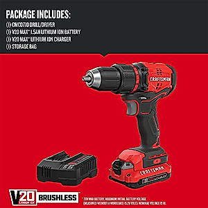CRAFTSMAN V20* Cordless Drill/Driver Kit, Brushless (CMCD710C1) , Red , 1/2-in.