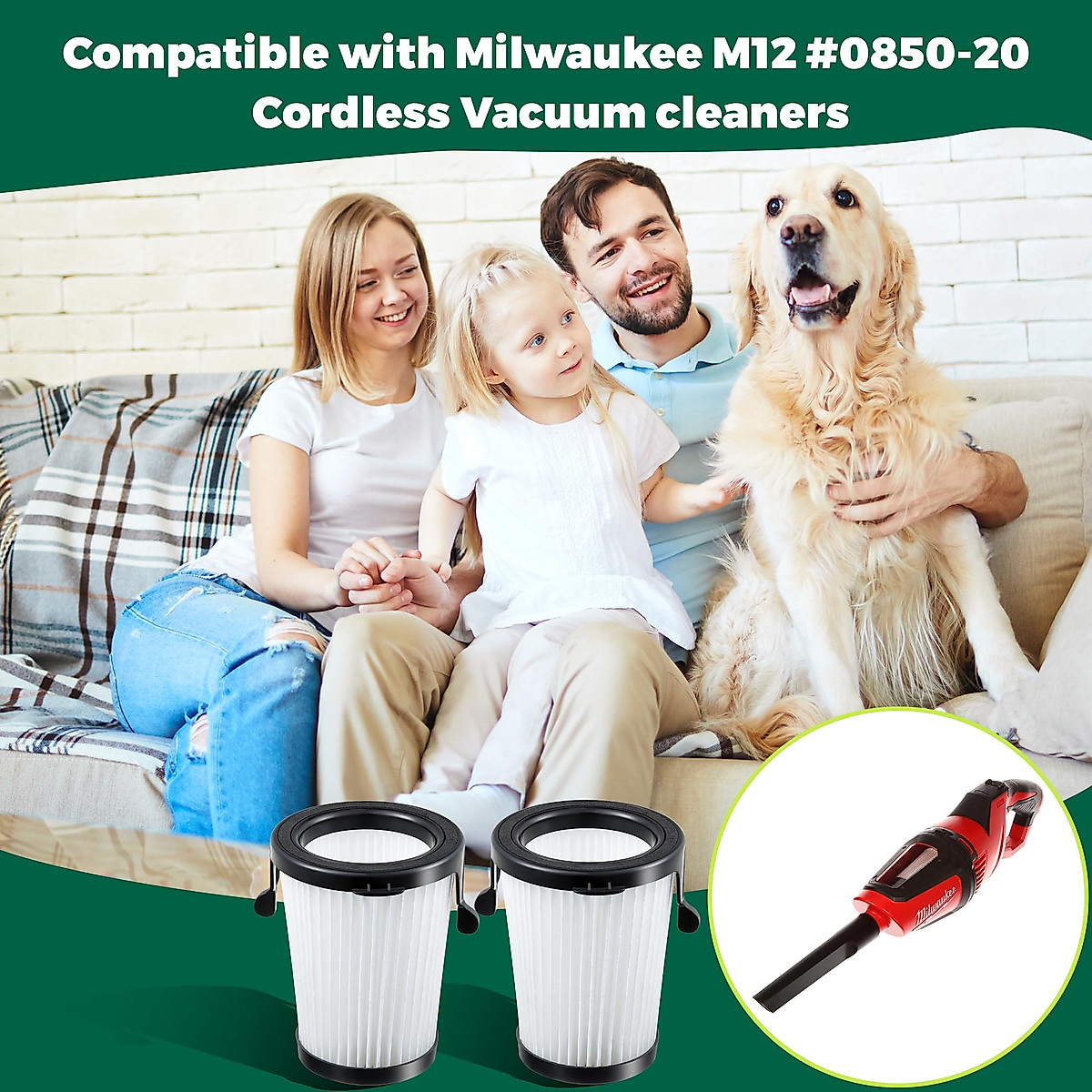 Dreyoo 2 Pack 3'' Replacement Dry Vacuum Filter Compatible with Milwaukee 49-90-1950 HEPA Filter Design for Use Compatible with M12 0850-20 Vacuum Cleaner