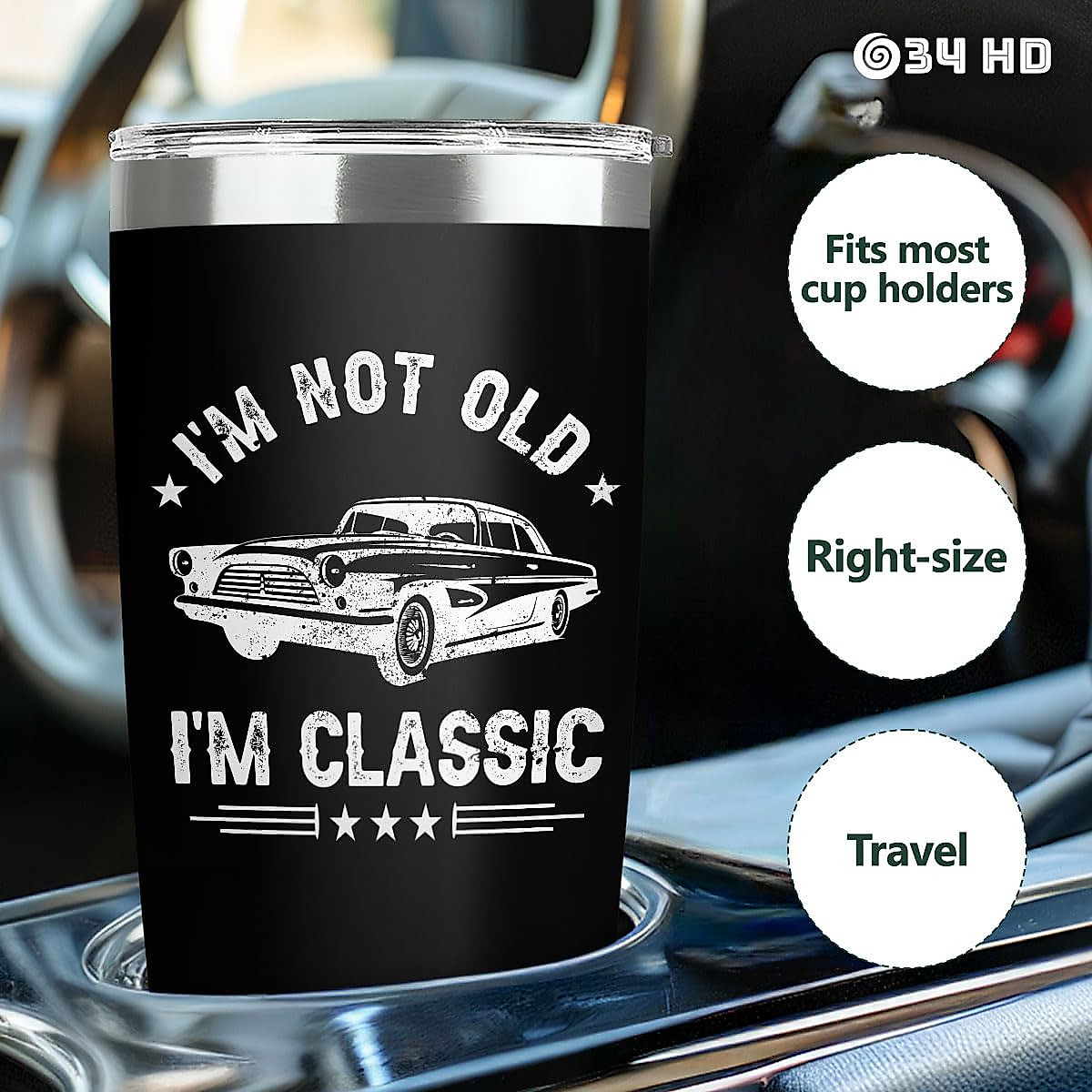 34HD Classic Dad Tumbler with Lid, 20oz Stainless Steel Vacuum Insulated Car Mug, Im Not Old Im Classic Tumbler, Birthday Christmas Father Day Gifts for New Papa Bonus Dad Husband Grandpa