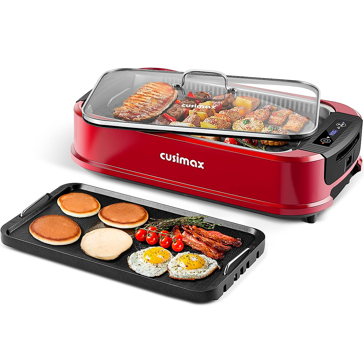 CUSIMAX Smokeless Indoor Grill, Electric Grill Griddle, 1500W Korean BBQ Grill with LED Smart Display & Tempered Glass Lid, Non-stick Removable Grill Plate & Griddle Plate, Red