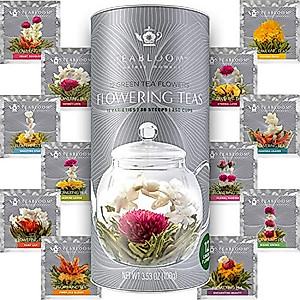 Teabloom Complete Tea Set – Teapot (40 OZ), Loose Tea Infuser, 4 Insulated Glass Teacups, Tea Warmer, and 12 Flowering Teas – Elegant Blooming Tea Gift Set