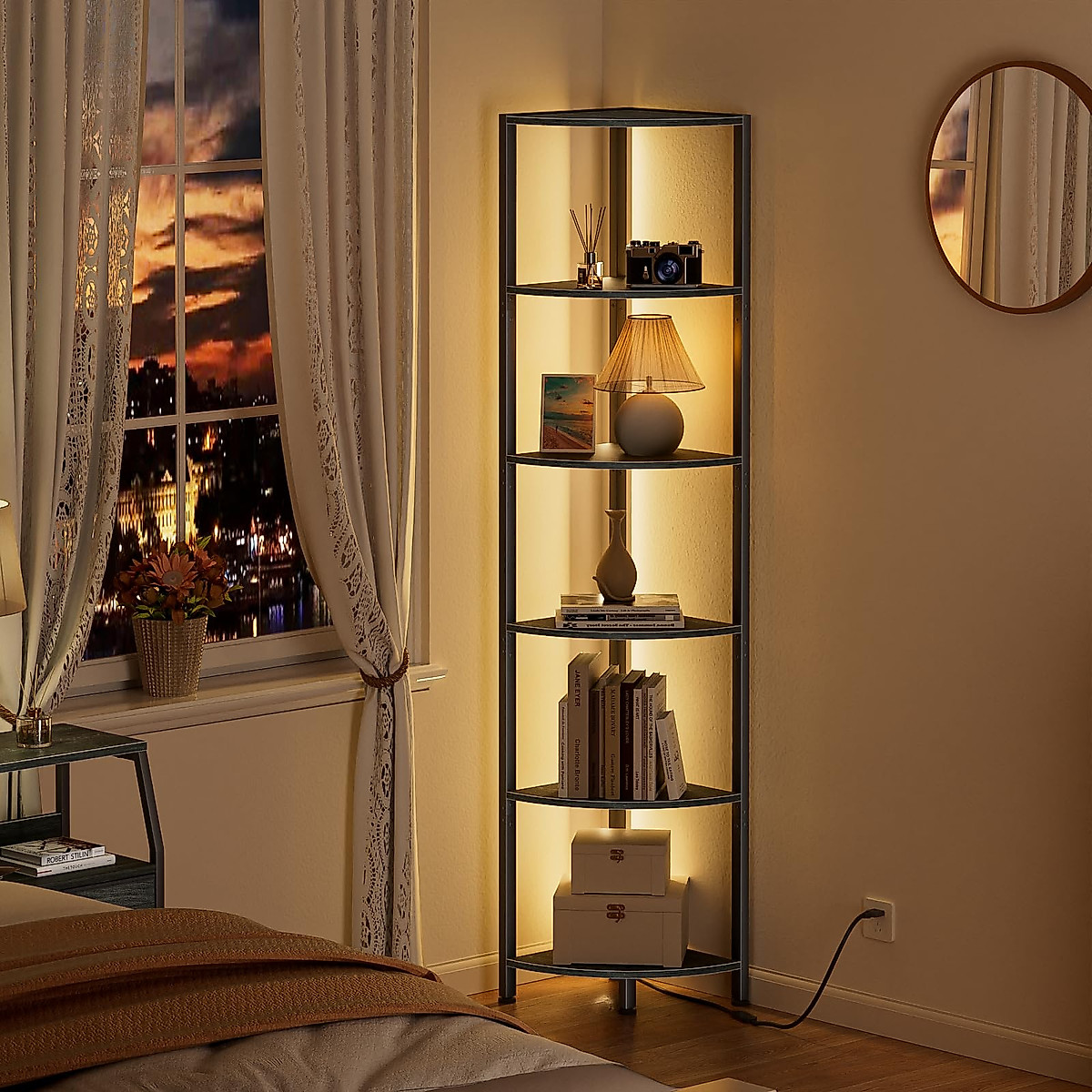 Furnulem 6 Tier Corner Shelf with LED Light, 67.5” Tall Standing Shelf Organizer, Black Narrow Bookshelf with Storage Rack for Wall Corner, Living Room, Bedroom, Metal Frame, Wood Display Shelf