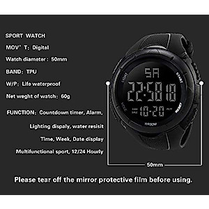 Men's Digital Sports Watch Waterproof Military Electronic Stopwatch for Men with Auto Date Alarm LED Backlight Chronograph Black