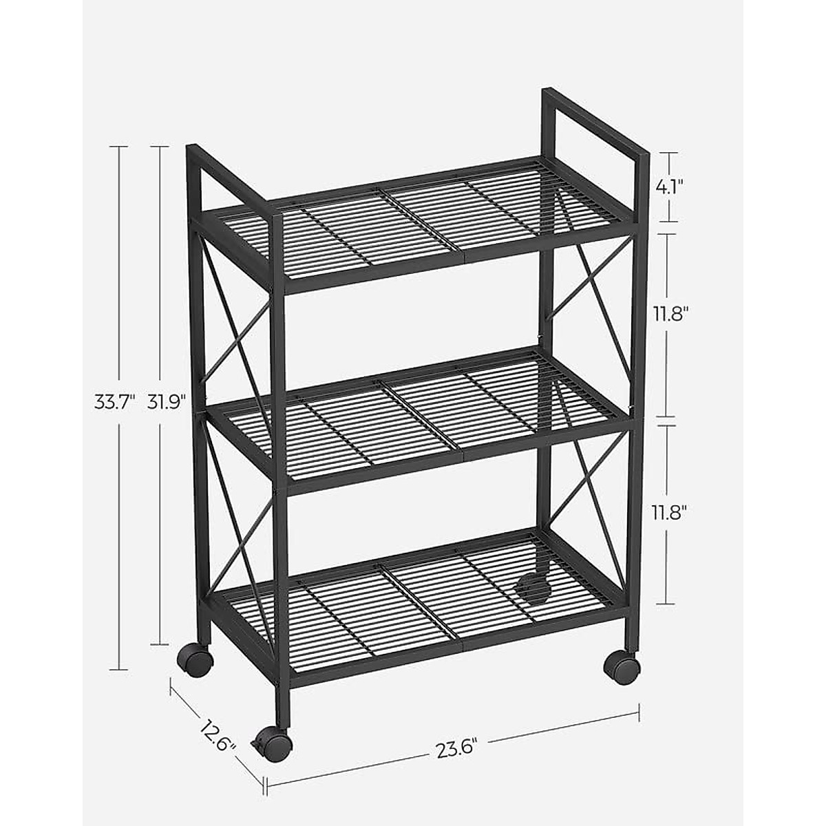 SONGMICS 3-Tier Metal Storage Rack with Wheels, Mesh Shelving Unit with X Side Frames, 23.6-Inch Width, for Entryway, Kitchen, Living Room, Bathroom, Industrial Style, Black UBSC163B01