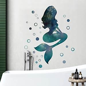 Starry Sky Mermaid Wall Decals Big Mermaid Wall Stickers Peel and Stick DIY Removable Mermaid Green Bubbles Vinyl Wall Art Decor for Kids Baby Bedroom Nursery Bathroom Door Stickers DT-1912