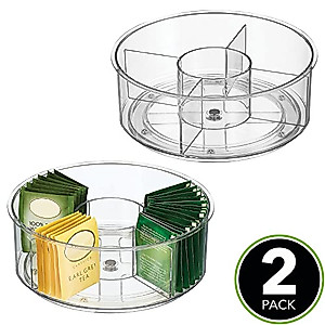 mDesign Lazy Susan Turntable Divided Plastic Spinner for Kitchen Pantry, Fridge, Cupboard, or Counter Organizing, Fully Rotating Organizer for Tea Bags, 9" Round - Lumiere Collection - 2 Pack, Clear