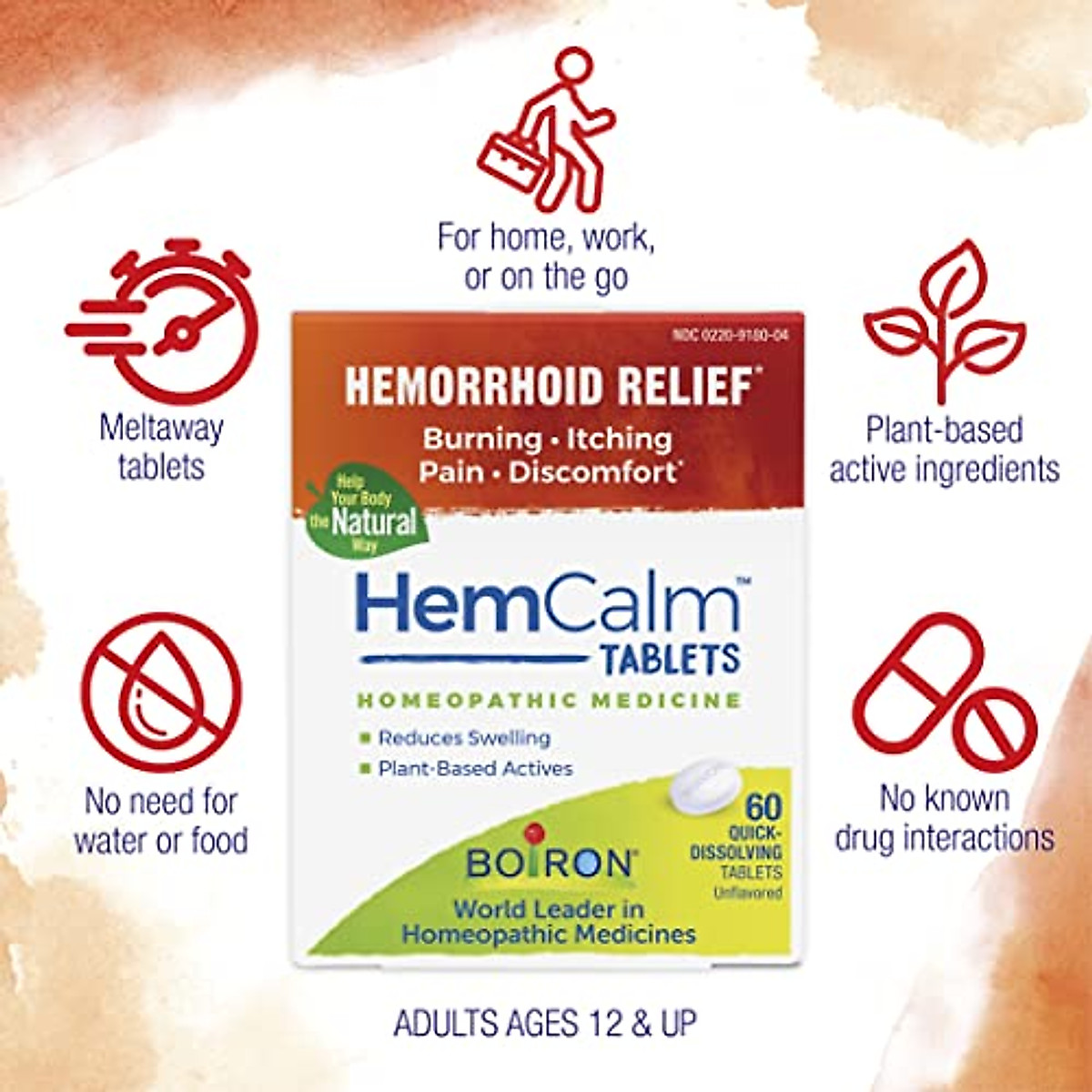 Boiron Hemcalm hemorrhoid Relief Tablets for Itchy Burning Pain, Swelling and discomfort, White, 60 Count