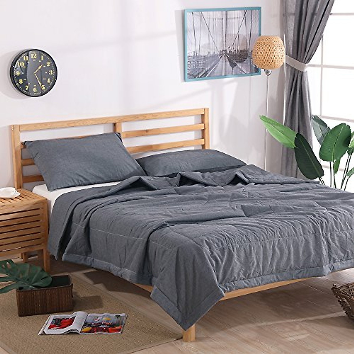 NTCOCO Comforter Set Thin Quilt Summer Lightweight Comforter,100% Washed Cotton,Machine Washable,Soft Comfy Breathable Can Sleep Naked (Grey, Queen)