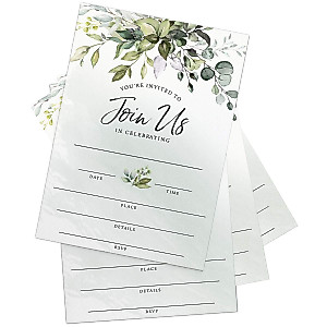 Printed Party Fill-in Invitations and Envelopes, Eucalyptus Greenery, Set of 25