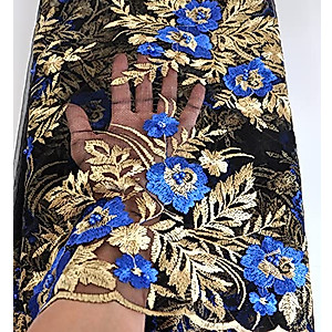 African Fabric Net Fabrics Embroidery Beaded Nigerian Embroidered Lace Fabric for Party Dress (Blue) 5 Yards 2205-6