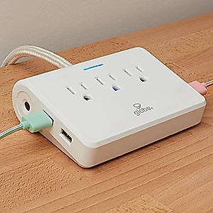 GLOBE Designer Series 3-Outlet USB Surge Protector Desktop Power Strip, 4x USB Ports, 3 Grounded Outlets, 6ft Fabric Power Cord, Reset Button, White Finish,78428