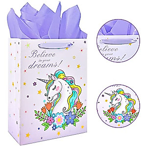 13" Large Unicorn Gift Bag for Girls Kids Birthday Baby Shower with Tissue Paper and Greeting Card