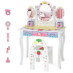 Costzon Kids Vanity Set with Mirror, 2 in 1 Princess Makeup Dressing Table w/Detachable Top, Toddler Vanity w/Drawers, Accessories, Pretend Play Vanity Table & Chair Set for Little Girls, White